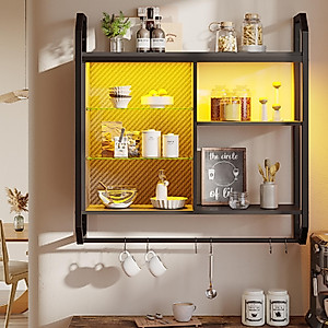 Bestier LED Gaming Floating Shelves, 34" Wall Mounted Shelf Pipe Shelves Hanging Display Rack Bookshelf with 6 S-Hook, Gaming Room Decor Wine Coffee Bar, Black Carbon Fiber