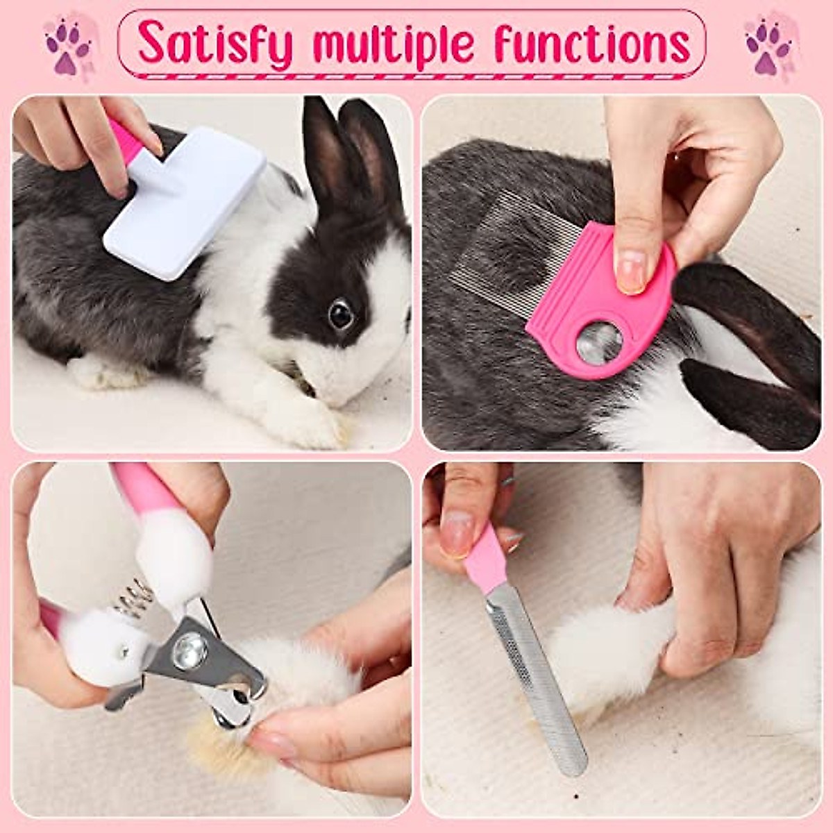 VCZONE 8 Pcs Small Animal Pink Grooming Kit, Rabbit Grooming Kit with Pet Nail Clipper and File, Flea Comb, Pet Shampoo Bath Brush , Pet Shedding Slicker Brush, Bath Massage Glove, Cleaning Comb (Pink)