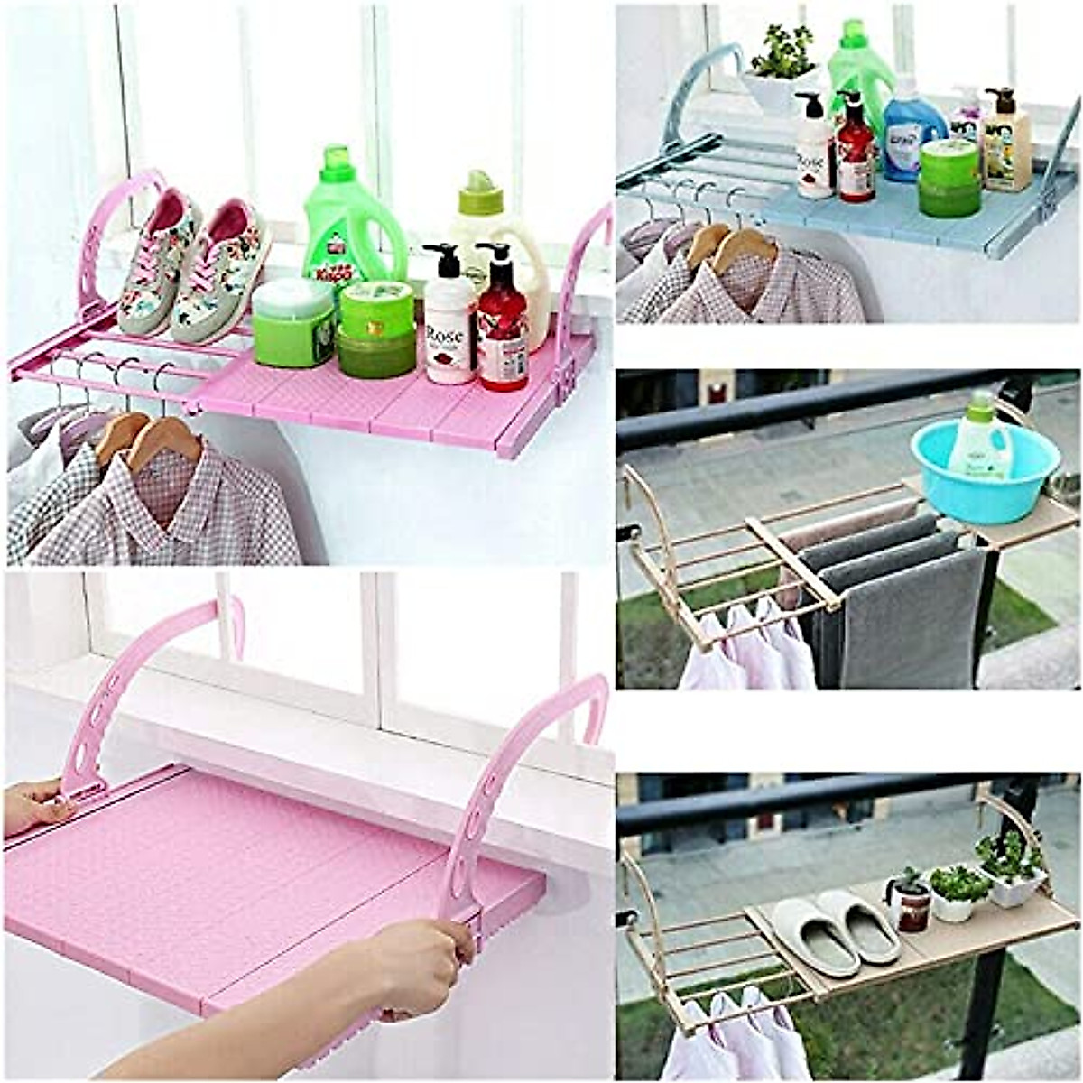 ZyHMW Clothes Airer MultifunctionFolding Balcony Clothes Drying Rack Airer Laundry Hanging Towel Shoes Rack Solid Color Plastic Hanging ClothesRack, Clothes Airer (Color : Pink, Size : 8)