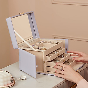 Vlando Velvet Jewelry Organizer Box for Women, Large Leather Jewelry Storage Box with Locked, Mirrored, 3 Drawer for Watch Necklace Ring Earring Storage, Gift for Girl Women and Mom - Purple