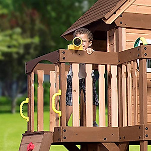 Backyard Discovery Mount Triumph All Cedar Swing Set, Covered Upper Clubhouse, Telescope, Steering Wheel, Lower Playhouse, Sink, Stove, Plastic Food, Picnic Area, Swings, Slide, Rock Climbing Wall