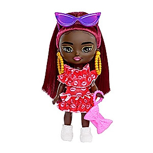 Barbie Extra Mini Minis Doll with Burgundy Hair, Red Ruffle Dress, Sunglasses & Accessories & Stand, 3.25-inch