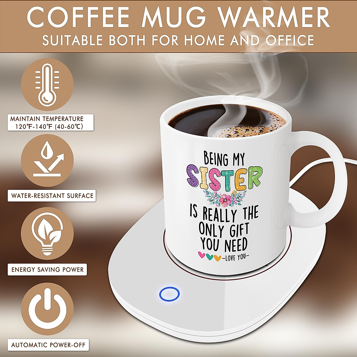 Sister Gifts, Sister Gifts from Sisters, Gifts for Sister, Christmas Sister Gifts for Women, Smart Warmer Thermostat Coaster with Mug, Christmas for Sister