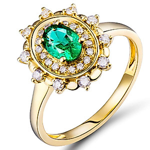 Lanmi 14K Yellow Gold Natural Emerald Diamonds Ring for Women Promise Engagement Wedding Anniversary Promotion