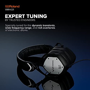 Roland VMH-D1 V-Drums Headphones | Designed by Roland & V-Moda for V-Drums & All Electronic Drum Kits | Immersive Sound | Long Cable for Tangle-Free Drumming | Customizable Shields, Black