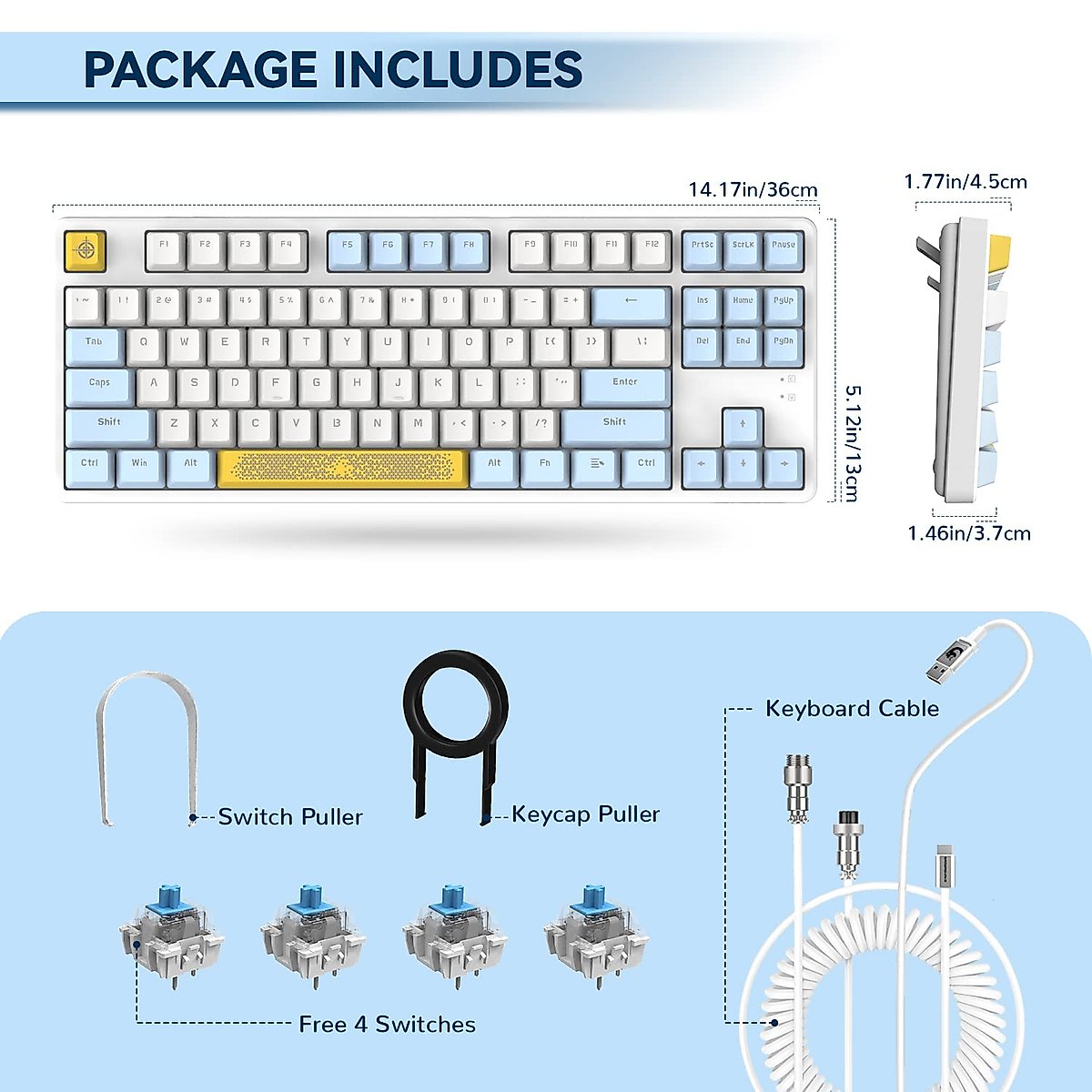 MAGIC-REFINER AK873 Gaming Keyboard,Rainbow Led Backlit,Hot-Swappable Blue Switch,PBT Keycap,75% TKL Layout,Ergonomic Mechanical Keyboard with Custom Coiled USB/Type-C Aviation Cable(Blue White)