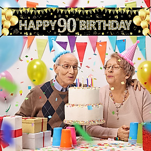 90th Birthday Banner Decorations for Women Men, Black Gold Happy 90 Year Old Birthday Sign Party Supplies, Ninety Birthday Photo Booth Props Decor(9.8 X 1.6ft)