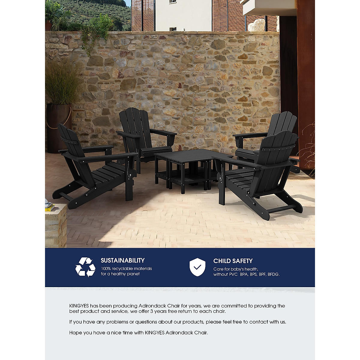 KINGYES Folding Adirondack Chair, HDPE All-Weather Folding Adirondack Chairs, Outdoor Patio Adirondack Chair for Deck Lawn fire Pit, Black