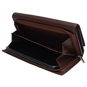 MARSHAL Womens RFID Genuine Leather Wallet Clutch Zip Around Checkbook Organizer for Ladies (Brown)