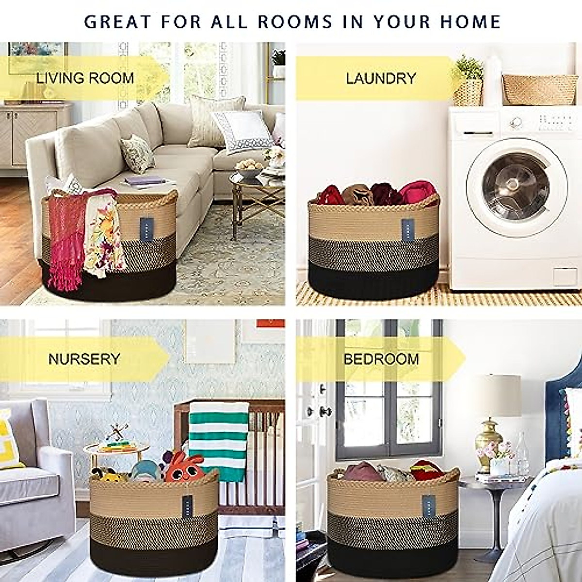 COMSE Extra Large Blanket Basket, Storage Basket, Laundry Basket, 21.7”x 13.8”, Laundry Hamper, Cotton Rope Basket, Blanket Basket Living Room, Toy Basket (Brown & Black)