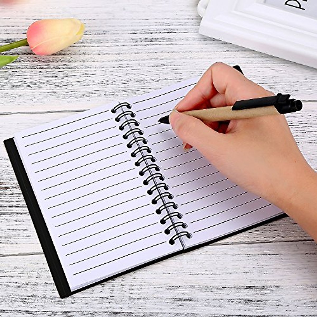 TOODOO 4 Packs 4.5 by 5.5 inch Spiral Notebook Lined Notepad with Pen in Holder and Sticky Notes, Page Marker Colored Index Tabs Flags (Black Cover)