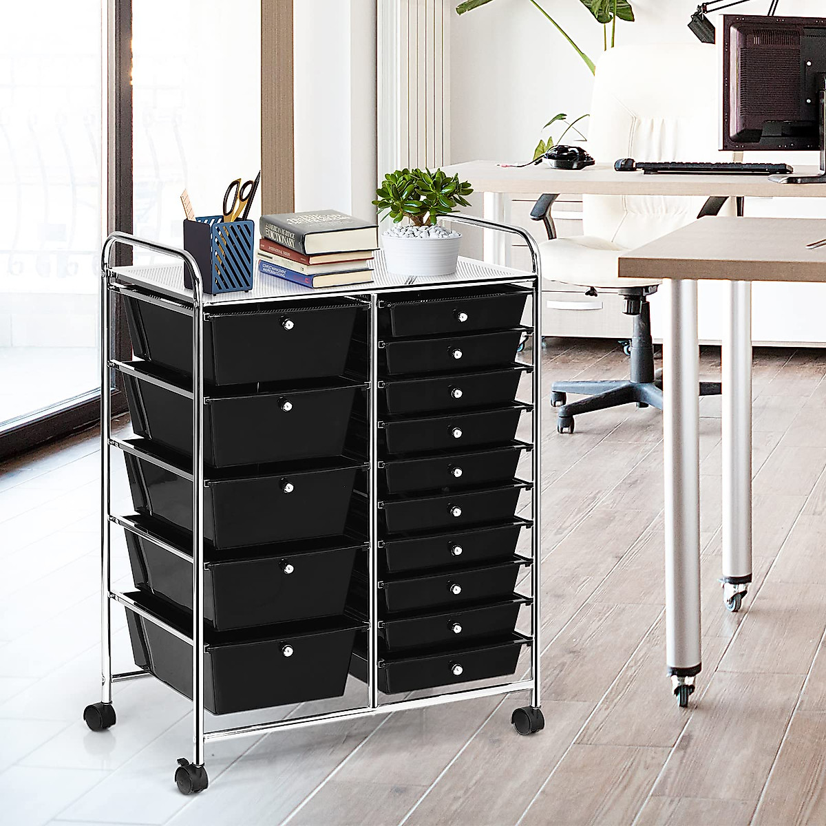 SILKYDRY 15 Drawers Rolling Storage Cart, Craft Cart Organizer with Lockable Wheels for Tools, Arts, Scrapbook, Papers, Multipurpose Utility Cart for Home Office School (Black)