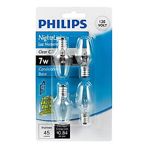 Philips C7 Clear Night Light: 7-Watt, E12 Candelabra Base Light Bulb, Soft White, 4-Pack, 415463