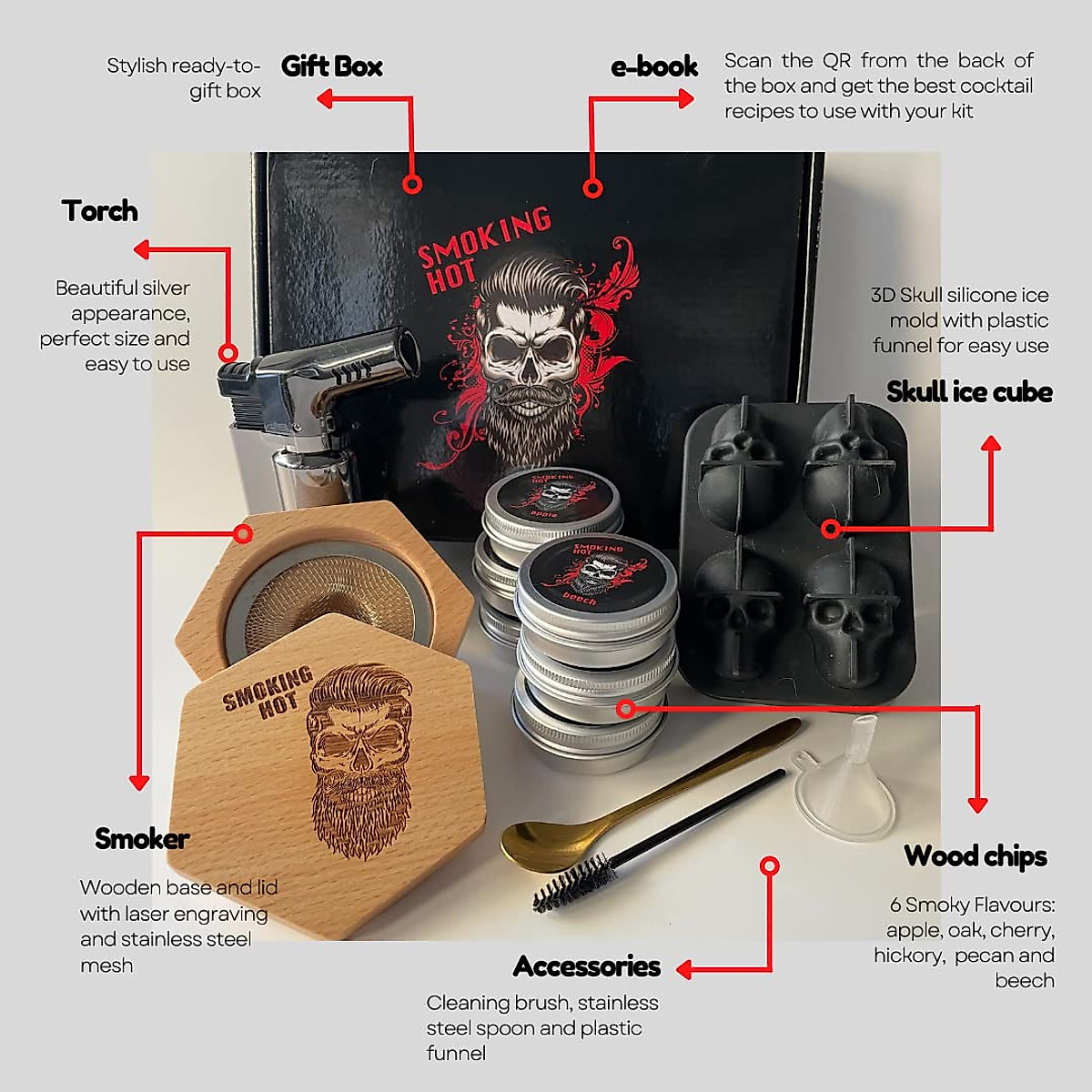 Bourbon-Old Fashioned Smoker with torch, 6 wood chips flavors, skull ice mold, e-book with 10 recipes, tea spoon and brush, in stylish box ready to gift. (Cocktail smoker kit - No butane)