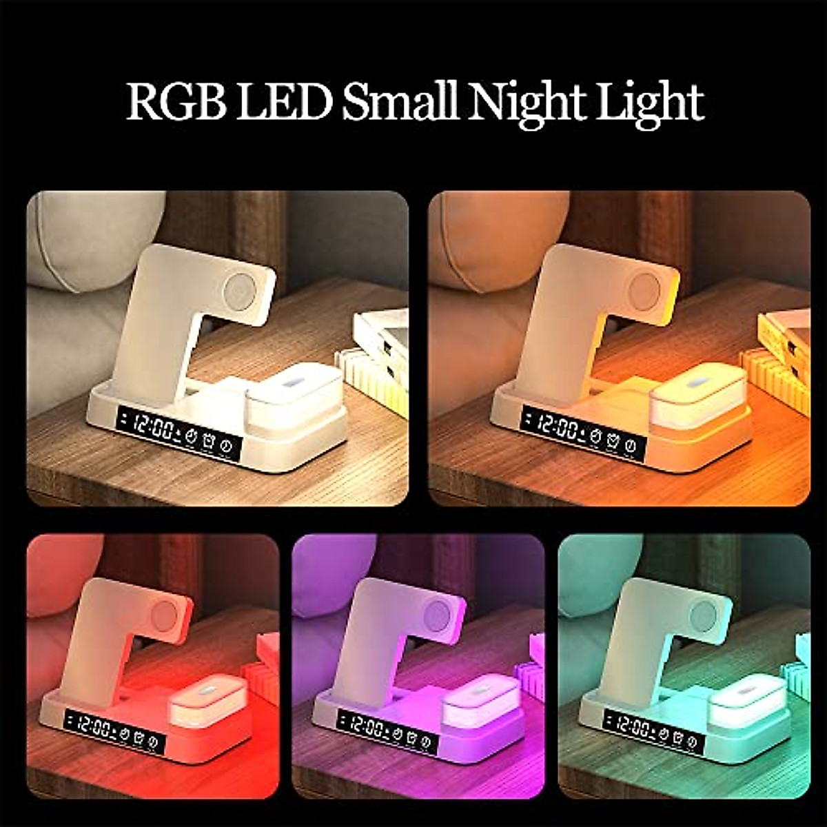 Tuocalo Wireless Charger, 4 in 1 Wireless Charging Station with LED Night Light, Digital Clock, Alarm Clock for AirPods & Watch, Apple iPhone, Samsung Galaxy, and All Qi-Enabled Devices (Black)