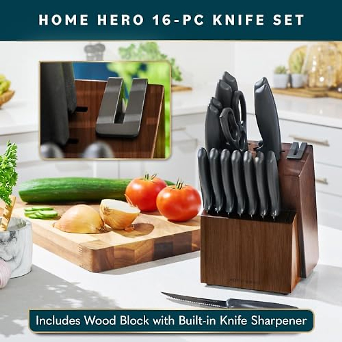 Home Hero Kitchen Knife Set with Sharpener - High Carbon Stainless Steel Knife Block Set with Ergonomic Handles (16 Pcs - Dark Wood)