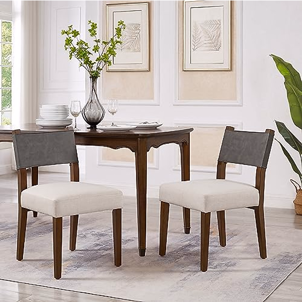 Ball & Cast Upholstered Dining Chairs Set of 2 Armless Chair with Leather Back Wooden Chairs, Linen