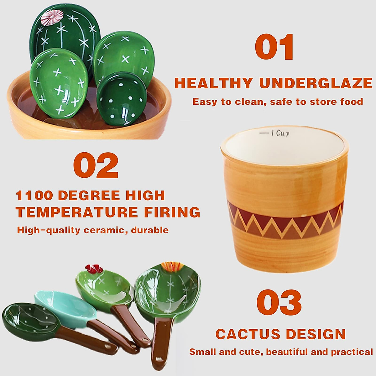 Cactus Measuring Spoons Set in Pot, Cute Ceramic Measuring Spoons and Cups, Baking Cacti Spoon with Holder for Milk Powder Sugar Salt Wet Dry Ingredients, Kitchen Home Small Decorations Ornaments