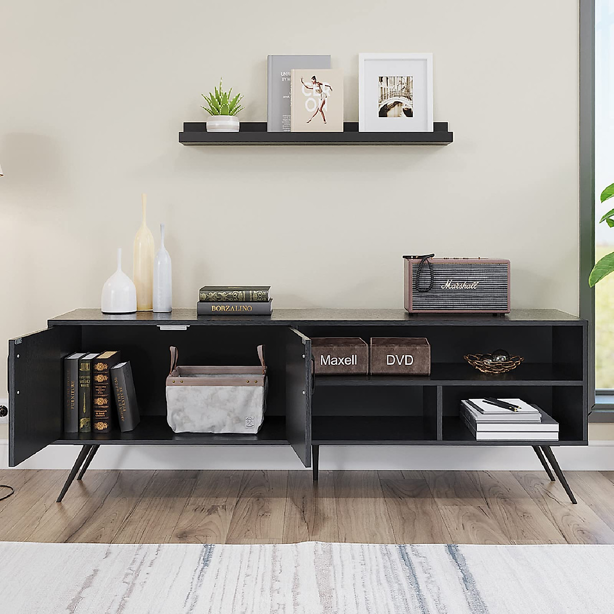Panana TV Stand Television Console Unit Cabinets with 3 Open Cubby and 2 Doors for Living Room Bedroom for TVs up to 70 Inches (62.99 Inches Black)