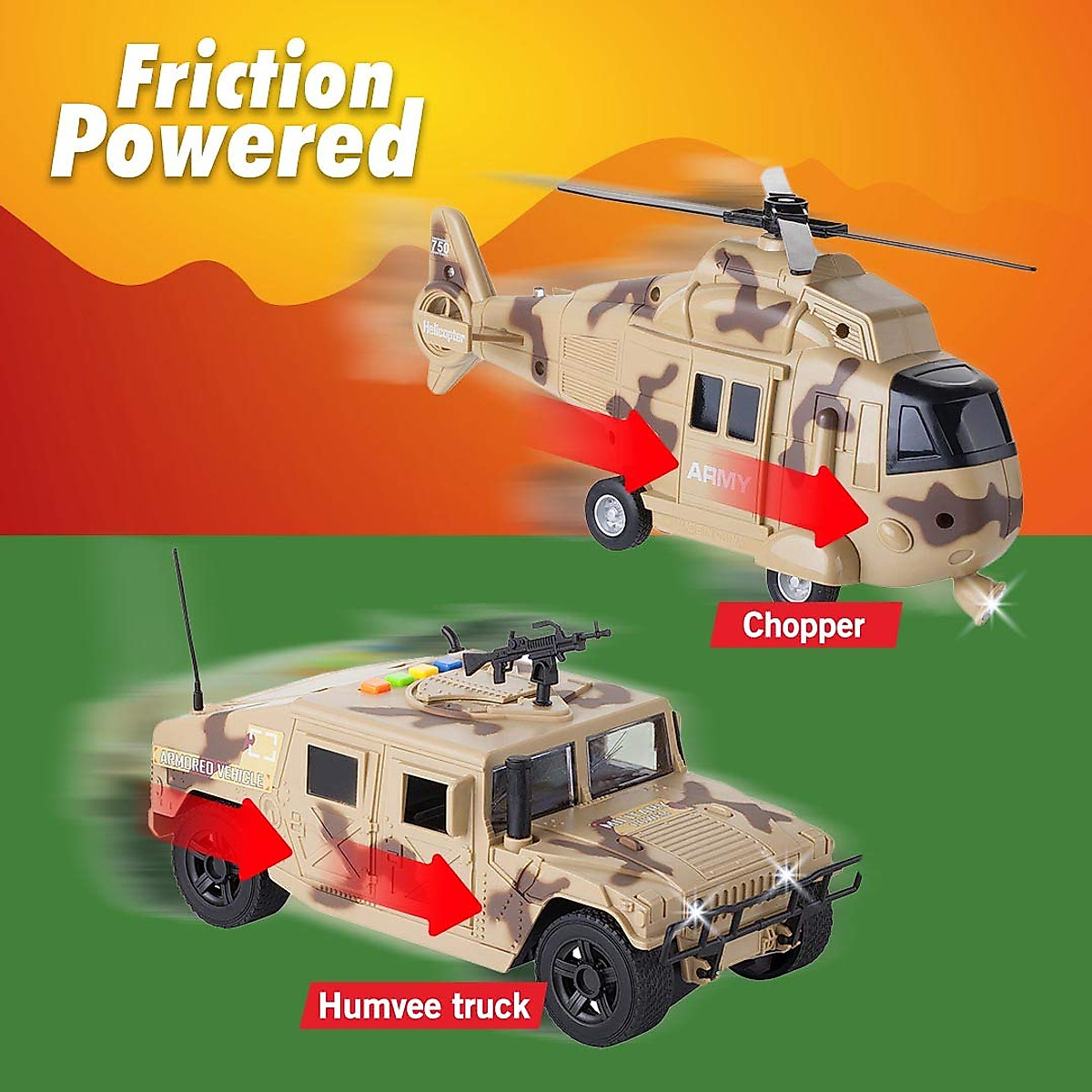 Dazmers Military Army Toys, Action Soldier Figures and Vehicles Set - Army Helicopter Toy, Truck, Quadbike - Lights and Sounds - Friction Powered Army Trucks
