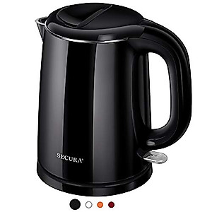 Secura Stainless Steel Double Wall Electric Kettle Water Heater for Tea Coffee w/Auto Shut-Off and Boil-Dry Protection, 1.0L (Black)