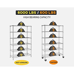 BestMassage Wire Shelving Unit Heavy Duty Garage Storage Shelves Large Metal Shelf Organizer 6-Tier Height Adjustable Commercial Grade Utility Steel Storage Rack with Wheels,18 x 48 x 72 (Chrome)