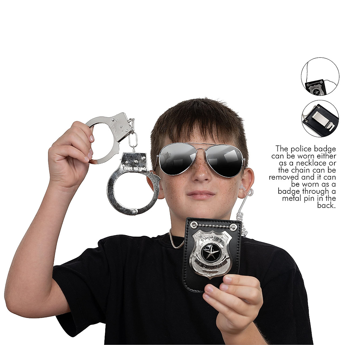 Skeleteen Kids Detective Set Accessories - Cool Special Agent Spy Gadgets Equipment for Detective Costumes with Sunglasses, Ear Piece, Badge, and Handcuffs
