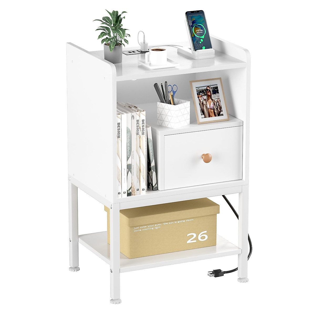 Gannyfer Nightstand with Charging Station,Night Stand with USB Ports and Storage Drawer,Modern 3-Tier End Side Table,Small Wood Bedside Table for Bedroom,Living Room,White