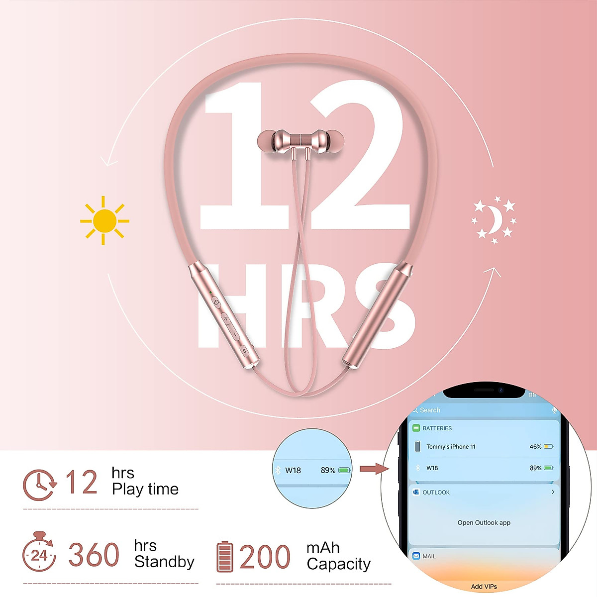 OINMELY Neckband Bluetooth Headphones V5.0 Wireless Headset Sport Earbuds w/Mic 12Hrs Playtime Cordless Noise-Canceling Earphones for Gym Running Compatible with iOS Samsung Android