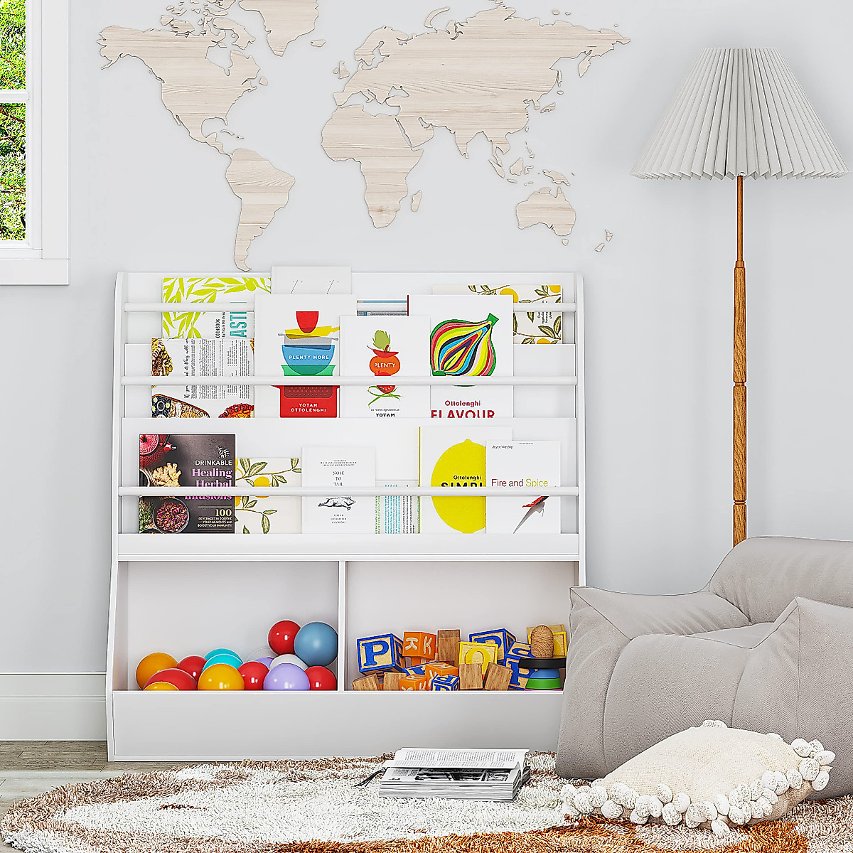 UTEX Kids Bookshelf and Toy Storage Cabinet, Kids Bookcase and Toy Organizer with Cubby, Kids Bookshelves Display Stand, Kids Book Rack for 3 Age+, White