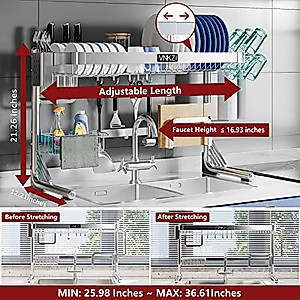 VNKZI Over Sink Dish Drying Rack, 2 Tier Full Stainless Steel Storage Adjustable Length (25.98''~36.61'') Kitchen Rack, Multifunctional Expandable Counter Organizer Shelf, Space Saver Dish Rack