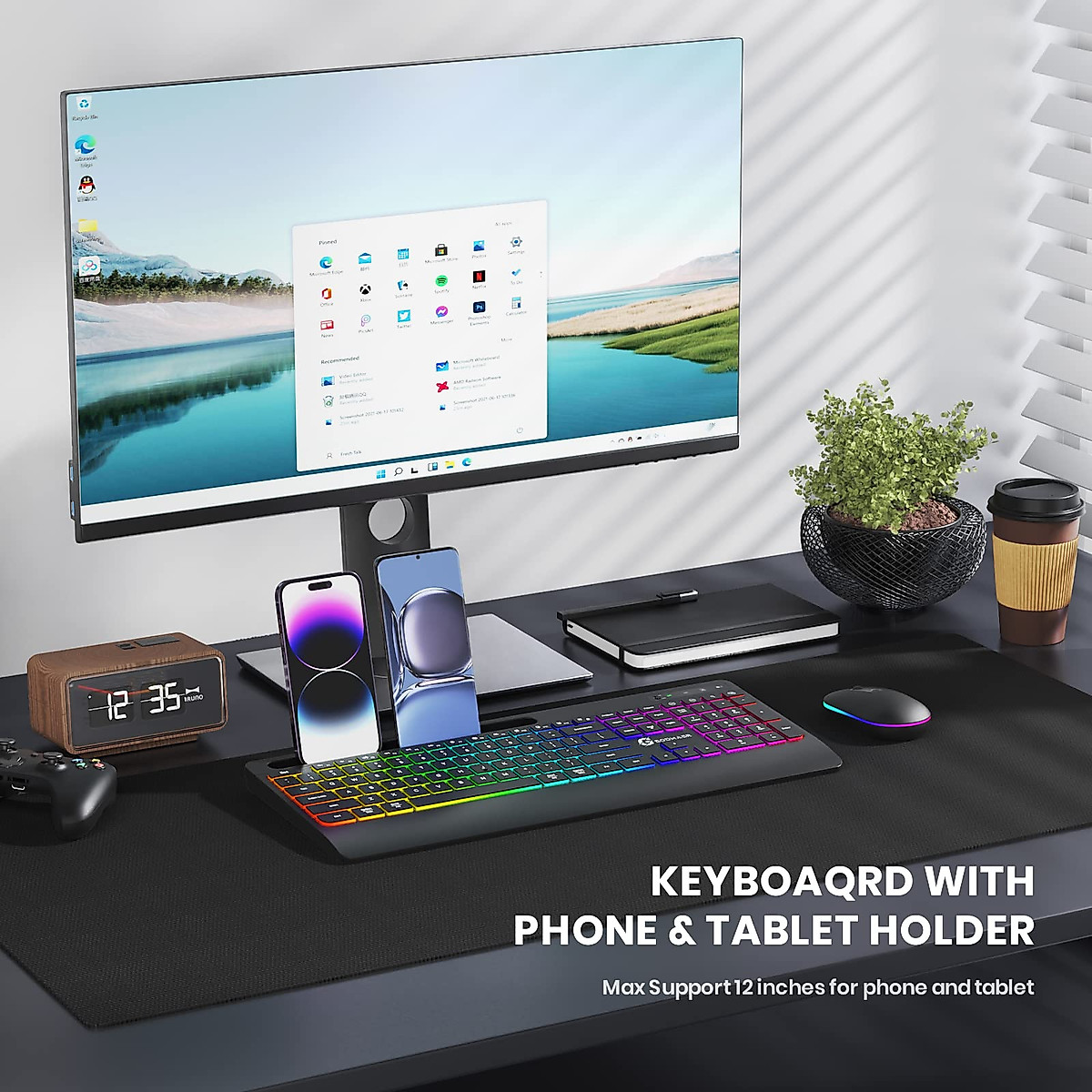 GEODMAER Wireless Keyboard and Mouse Combo with Phone Holder, Wrist Rest, Silent Rechargeable Backlit Full Size Ergonomic Keyboard and Mouse Wireless, Light Up Keyboard and Mouse for PC Mac