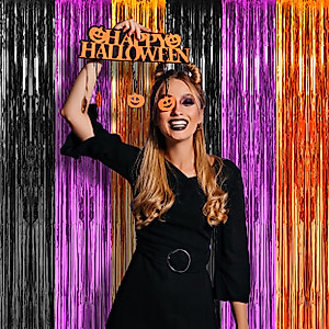 algpty 3 Pack Halloween Foil Curtains Backdrop with 16 Pcs Halloween Bats, 3.3 x 6.6FT Orange Purple Black Metallic Tinsel Foil Fringe Curtains Halloween Party Photo Booth Props Halloween Decor Indoor