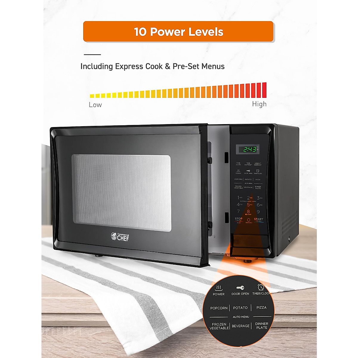 COMMERCIAL CHEF 1.1 Cu Ft Microwave with 10 Power Levels, Microwave 1000W with Push Button Door Lock, Countertop Microwave with Microwave Turntable and Digital Controls, Black