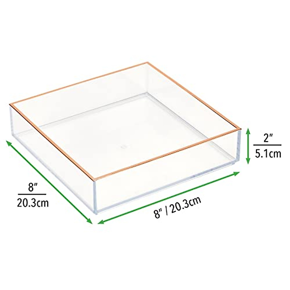 mDesign Plastic Drawer Organizer, Square Storage Tray for Cosmetics, Makeup, and Accessories on Vanity, Countertop, Bathroom, or Cabinet - 3 Pack - Clear/Rose Gold