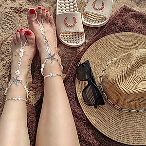 Woeoe Boho Crystal Anklet White Starfish Ankle Chains Beach Pearl Barefoot Sandals Ankle Bracelet Summer Foot Chain Jewelry for Women