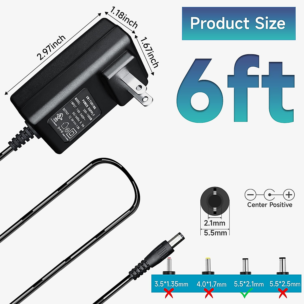 UL Listed 12V 1A 6ft Power Supply Adapter, 100-240V 50/60Hz AC to DC 12V 1000mA 800mA 600mA 500mA 300mA Universal AC Adapter with 5.5mm*2.1mm DC Plug, Center Positive