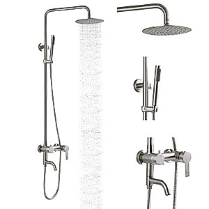 gotonovo Stainless Steel SUS304 Shower Faucet 8 Inch Rainfall Shower Head Cylinder Handle Brushed Nickel Exposed Shower Fixture Wall Mount Shower System With Hand Spray