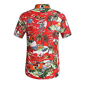 YOMXL Men's Hawaiian Top Summer Tropical Printed Button Down Shirt Casual Standard-Fit T-Shirt Short Sleeve Red