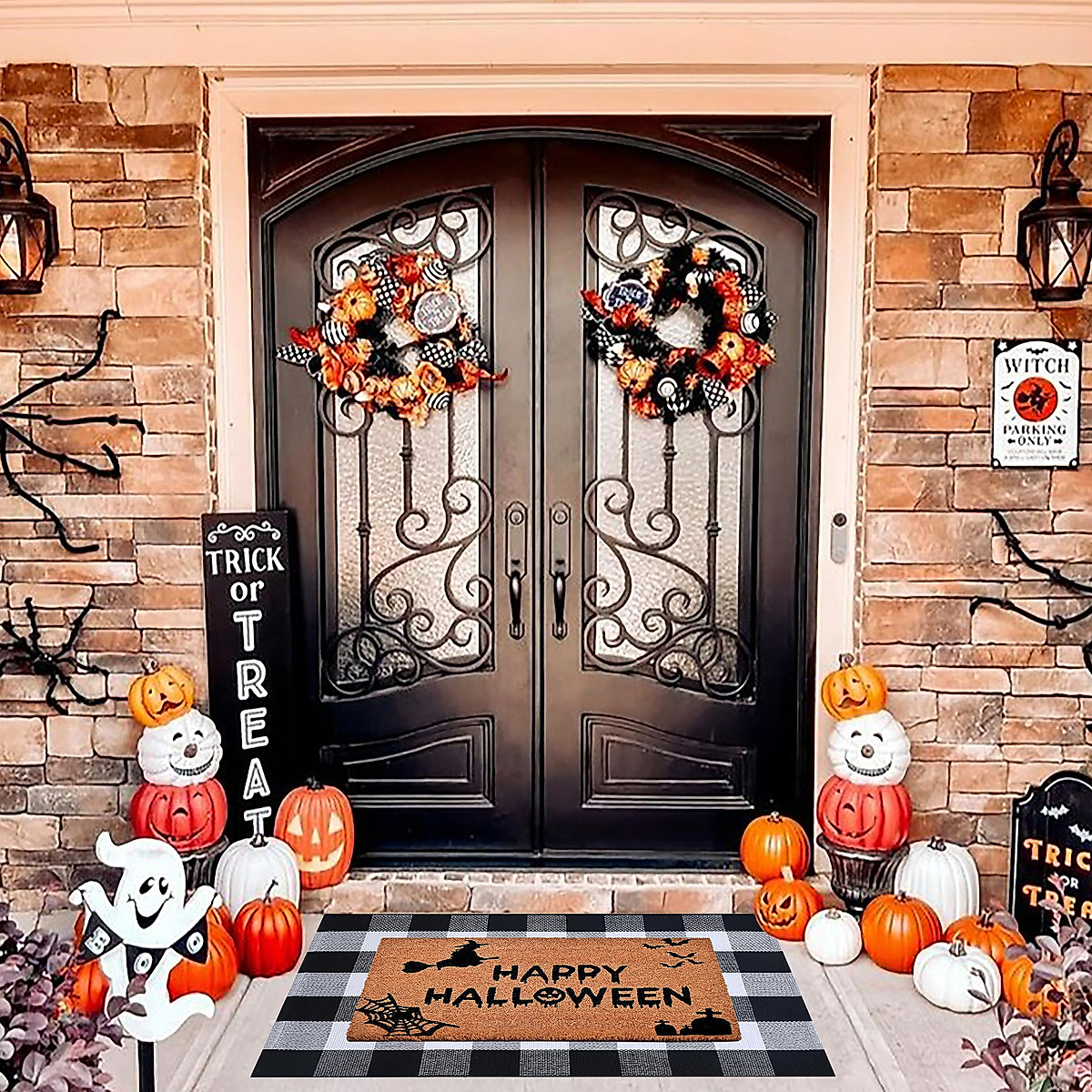 Halloween Decor Doormat Combo Set, 100% Coco Coir Welcome Mat + 28 x 43 Inches Black and White Plaid Mat- Halloween Front Porch Entryway Decor Floor Mat, Outdoor Mats Happy Halloween