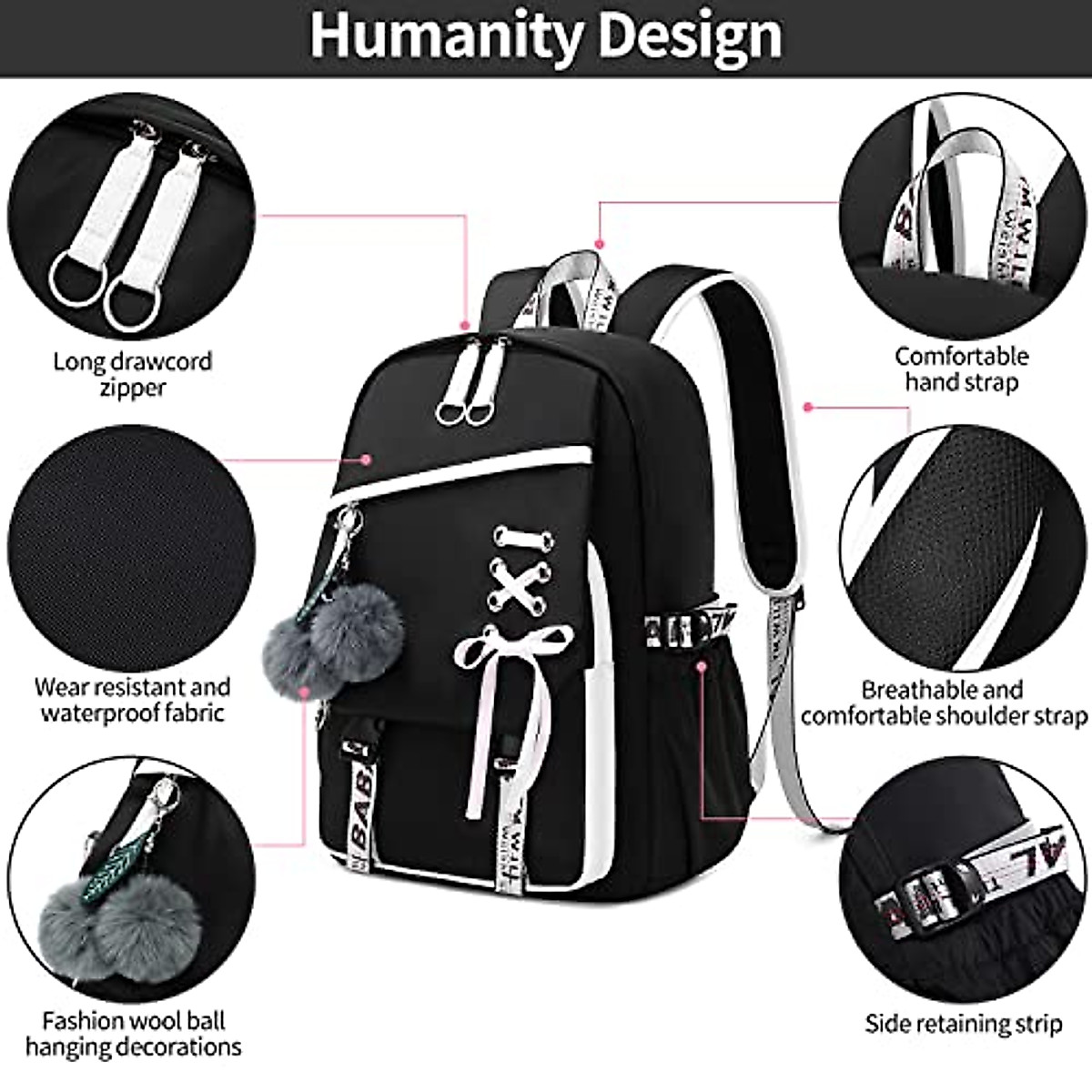 FENGDONG Teenage Girls Bookbag School Backpack Children Casual Daypack Schoolbag for Teens Black White