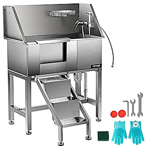 VEVOR 34" Pet Grooming Tub Stainless Steel Dog Wash Station Pet Washing Station and Dog Bath Tub Water-Resistant Grooming Tub for Dogs with Removable Door & Ladder on The Left