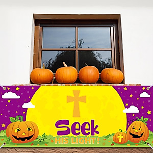 SmoothNovelty Halloween Christian Pumpkin Backdrop Banner Seek His Light Banner Religious Halloween Decoration Church Theme Party Banner for Halloween Fall Outdoor Sunday School Decor, 50 x 20 Inch