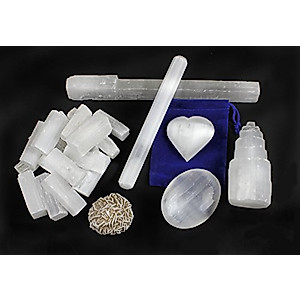 DANCING BEAR Selenite Protection Collection (22 pc Set): 12-15 Sticks (1.5-2”), Palm Stone, Heart, Tower, 8" Stick, 5.5" Massage Wand, and Desert Rose