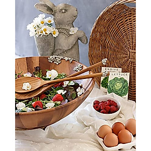 Vagabond House Wood Salad Bowl and Servers Lilacs Pattern 16 inch Diameter 4.5 inch Tall