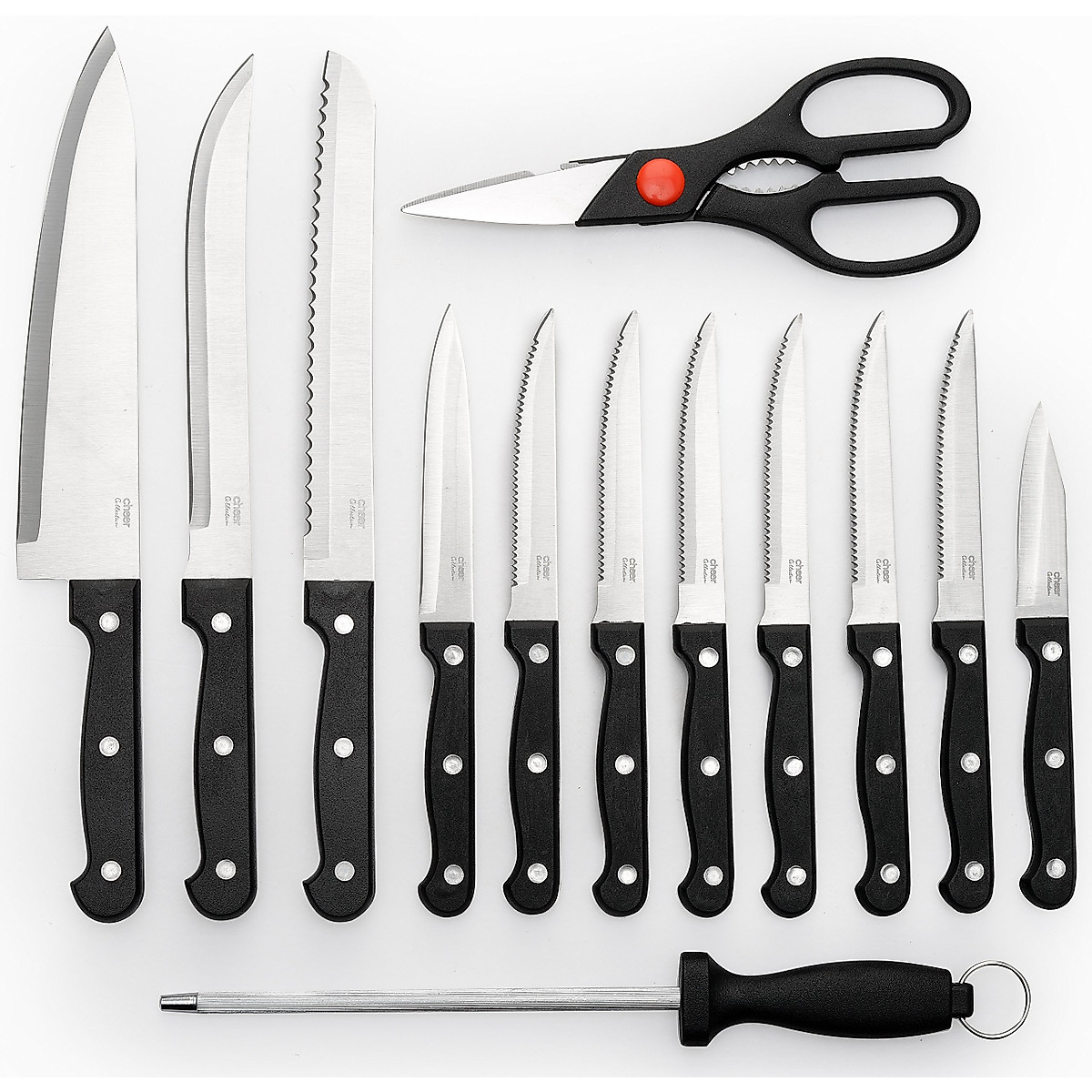 Cheer Collection 13-Piece Stainless Steel Knife Set with Wooden Block | Premium Steak, Paring, Carving, and Butcher Knives with Kitchen Shears | Razor Sharp, Ergonomic Grip