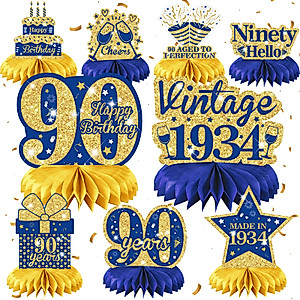 9Pcs Blue Gold 90th Birthday Decorations Blue 90th Birthday Honeycomb Centerpieces for Tables Decorations Vintage 1934 Centerpieces Table Topper Cheers to 90 Years Decor for Men Women Birthday Party