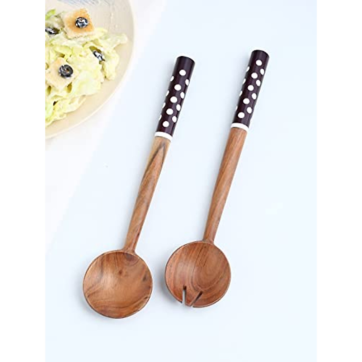 YoTreasure Tiramisu Black & White Dotted Resin Wood Salad Server Set | Wooden Utensils for Serving Salad, Spoon and Fork Set for Modern Kitchen