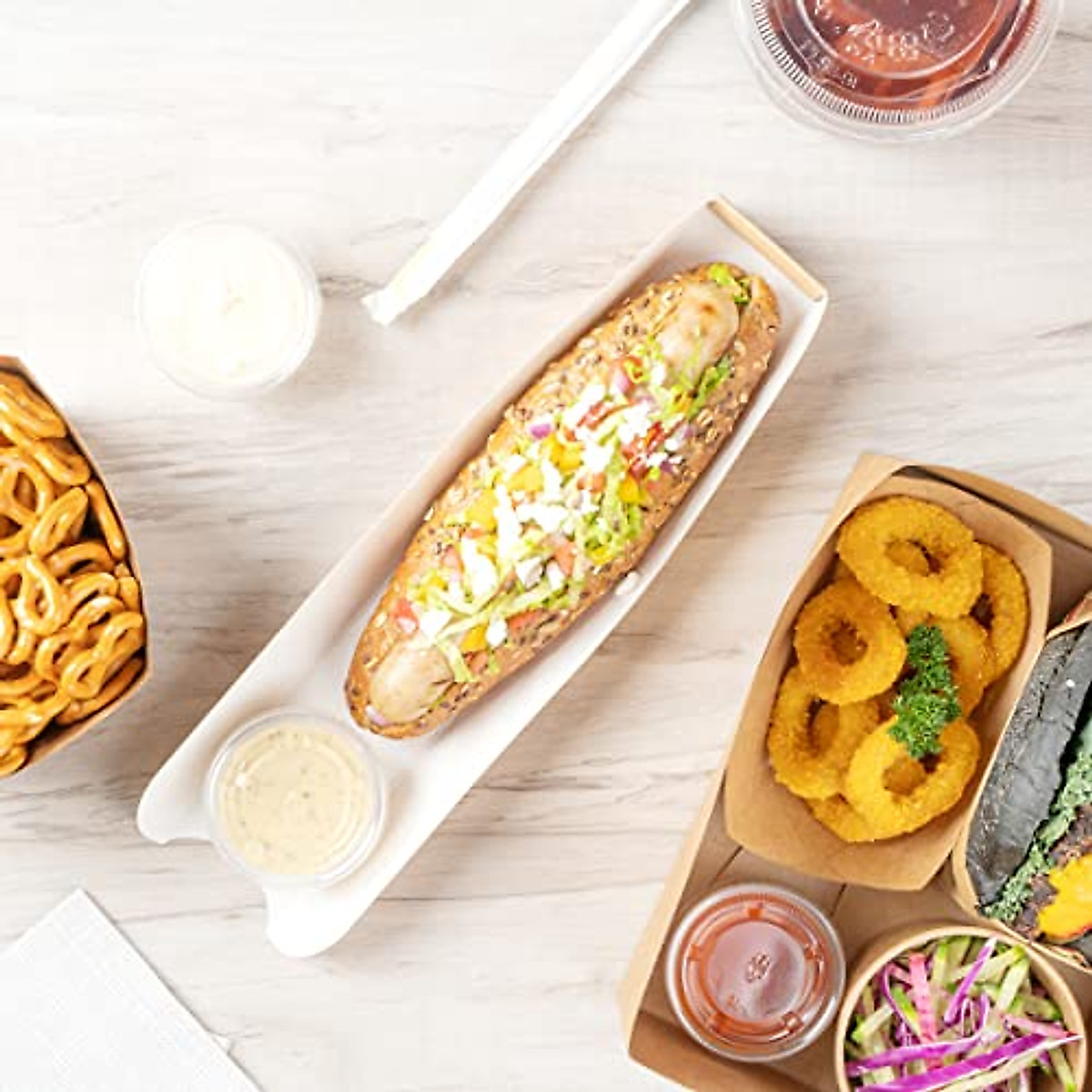 Restaurantware Bio Tek 11.8 x 2 x 1.3 Inch Hot Dog Trays 200 Open-Design Hot Dog Containers - Greaseproof Recyclable Kraft Paper Hot Dog Serving Trays