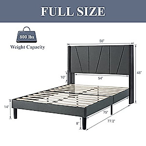 Allewie Full Size Bed Frame/Upholstered Platform Bed with Geometric Wingback Headboard/Mattress Foundation/Wood Slat Support/No Box Spring Needed/Easy Assembly, Dark Grey